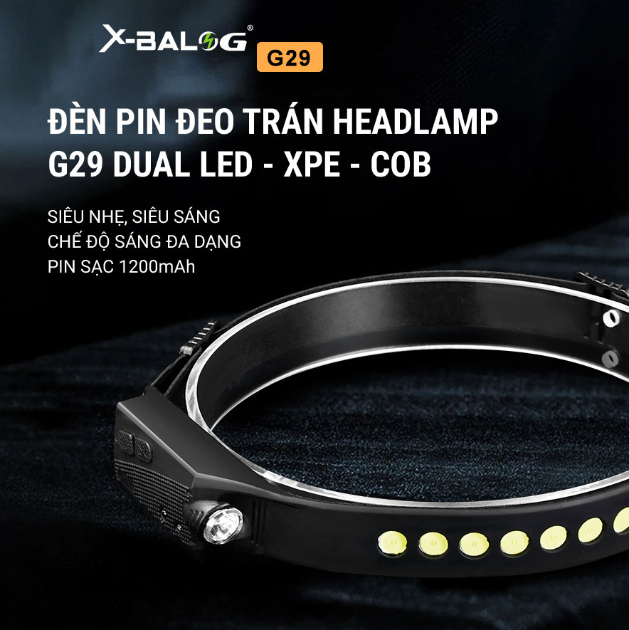 Đèn pin đeo trán Headlamp G29 Dual LED – XPE + COB (pin sạc 1200mAh) • YCB